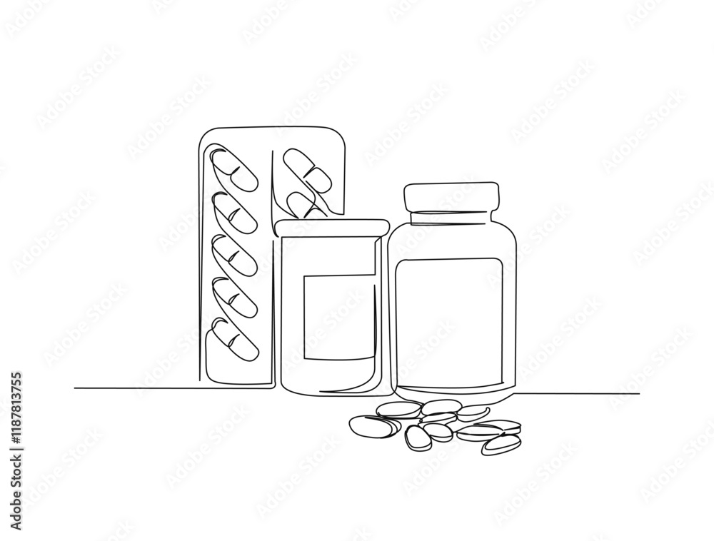 Continuous one line drawing of medicine tablet and pill. Medical drugs ...