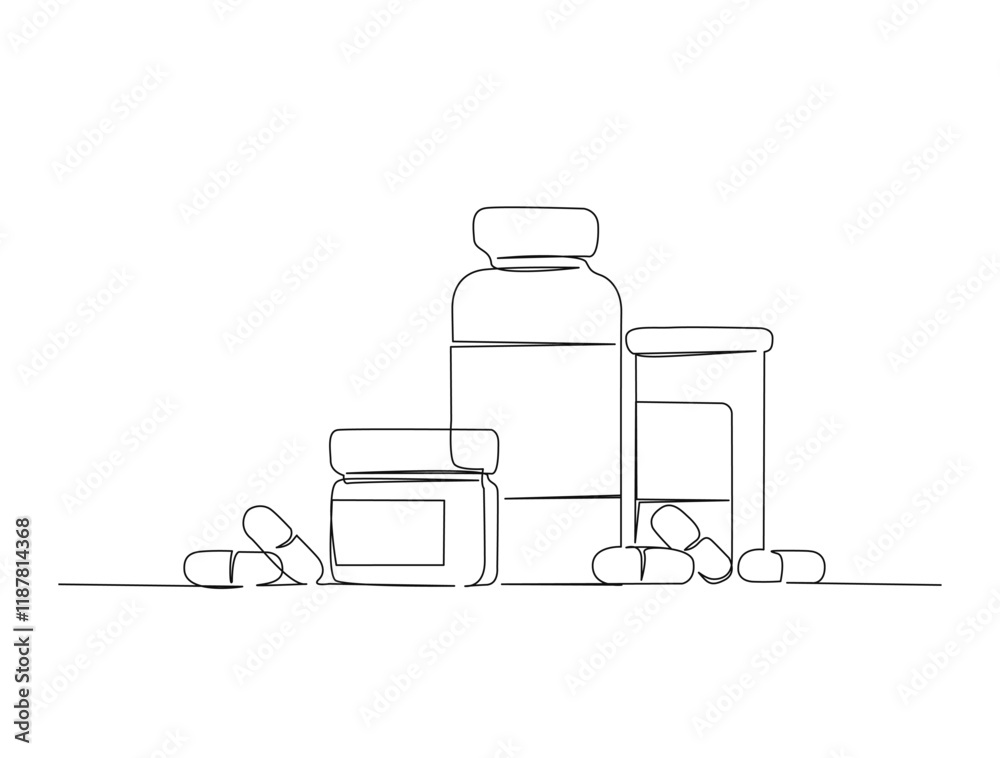 Continuous one line drawing of medicine tablet and pill. Medical drugs ...