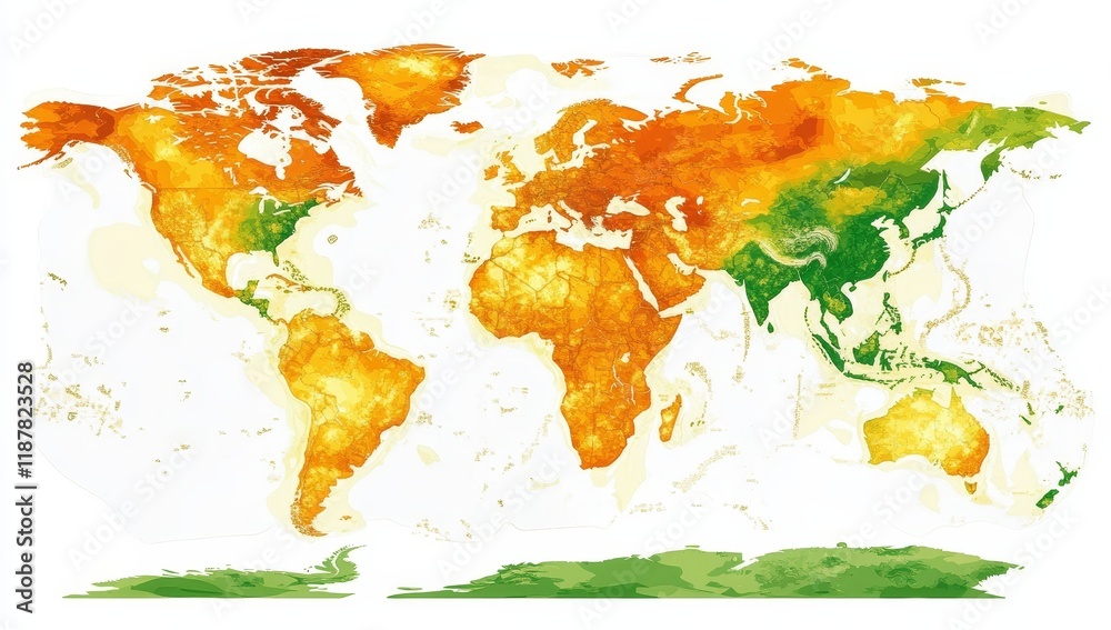 World map showing vegetation density gradients in warm and cool colors ...