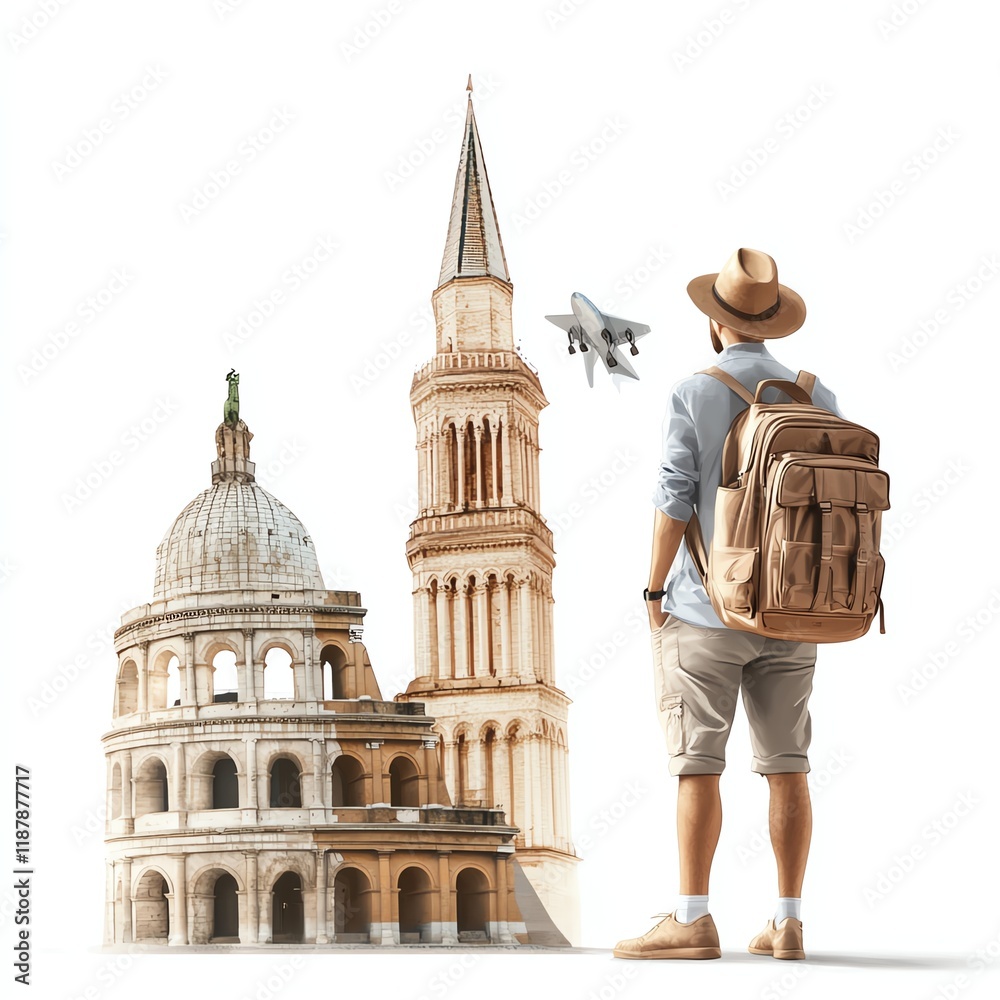 Traveler gazing at iconic architecture with a plane flying overhead ...