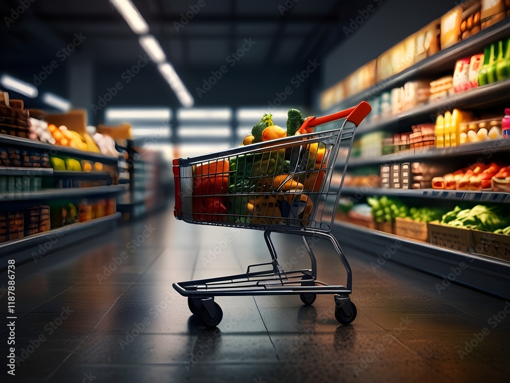 Realistic 3D Shopping Cart in Supermarket Aisle with Groceries, Soft ...