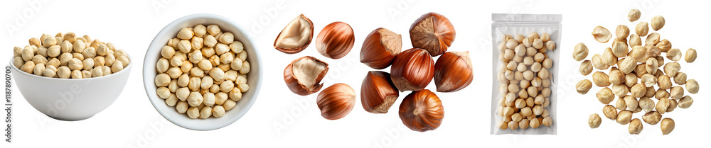 Hazelnut cobnuts filberts nut seed fruit kernel, many angles view pile ...