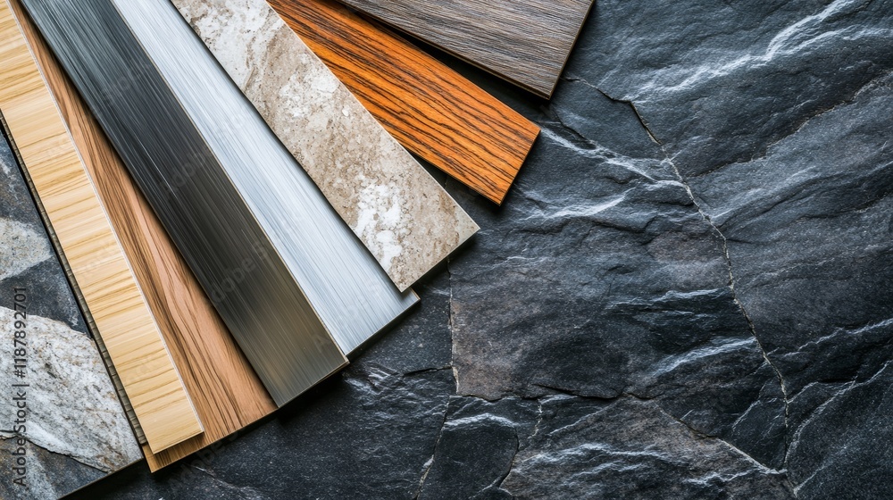 Home interior material samples selection contains brushed stainless ...