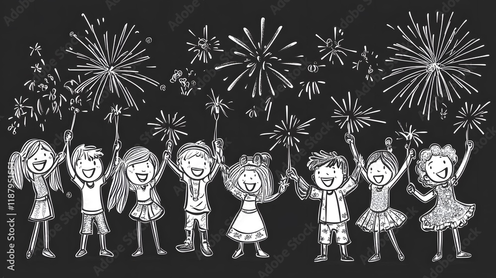 Group of cheerful kids holding sparklers with fireworks lighting up the ...