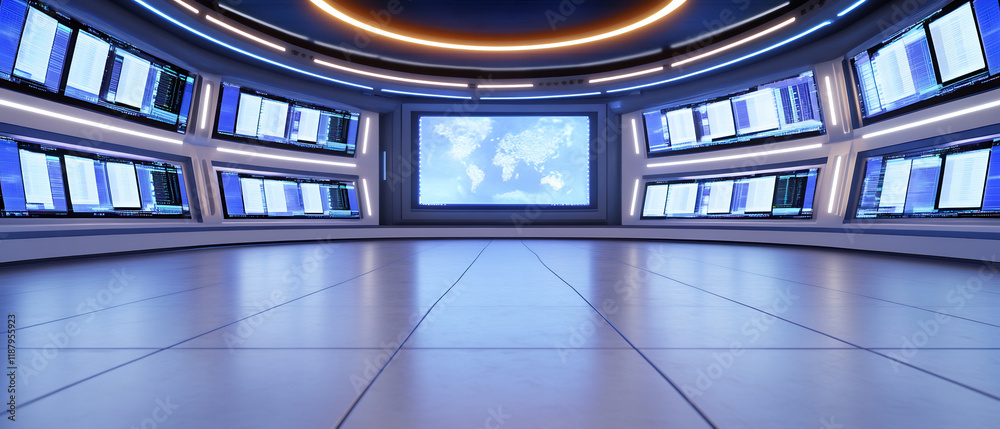 Global Network Control Room World Map Display Futuristic Tech Background News Broadcast