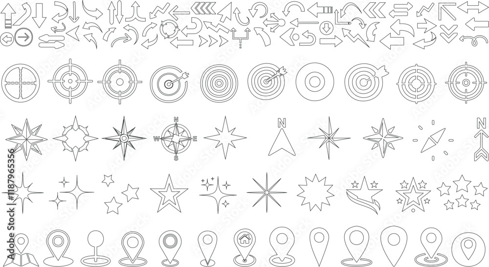 outline icon of arrow, target, compass symbol, star, direction pointer ...
