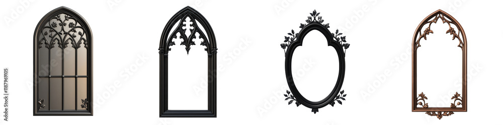 Collection of gothic arched window frames with intricate ornate designs ...
