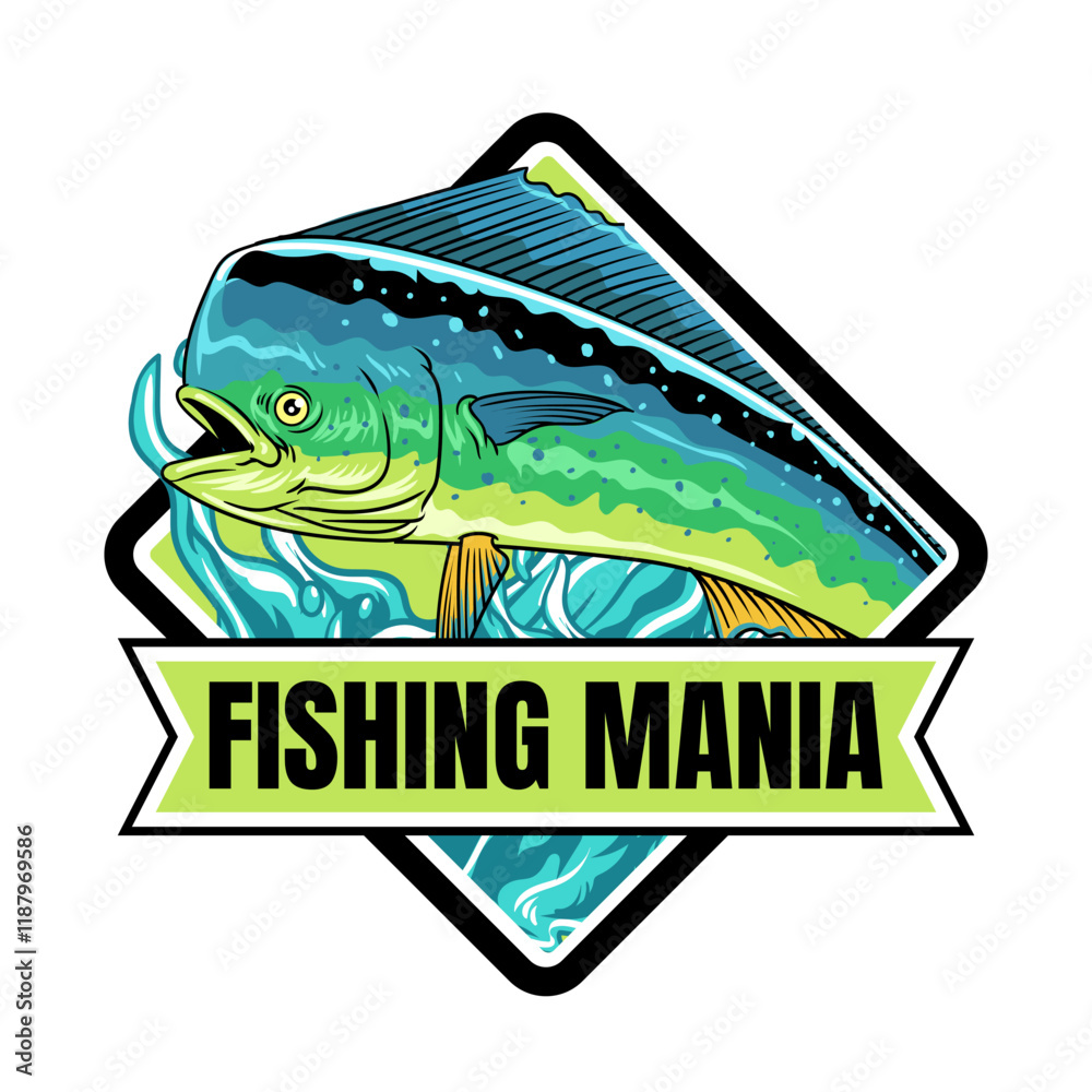 Mahi-mahi Fishing Mania Logo in Colorful Vector Cartoon Illustration ...