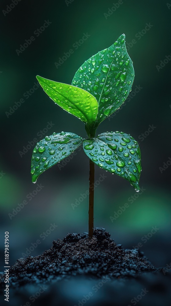Small plant sprout with water drops growing in dark soil, blurred ...
