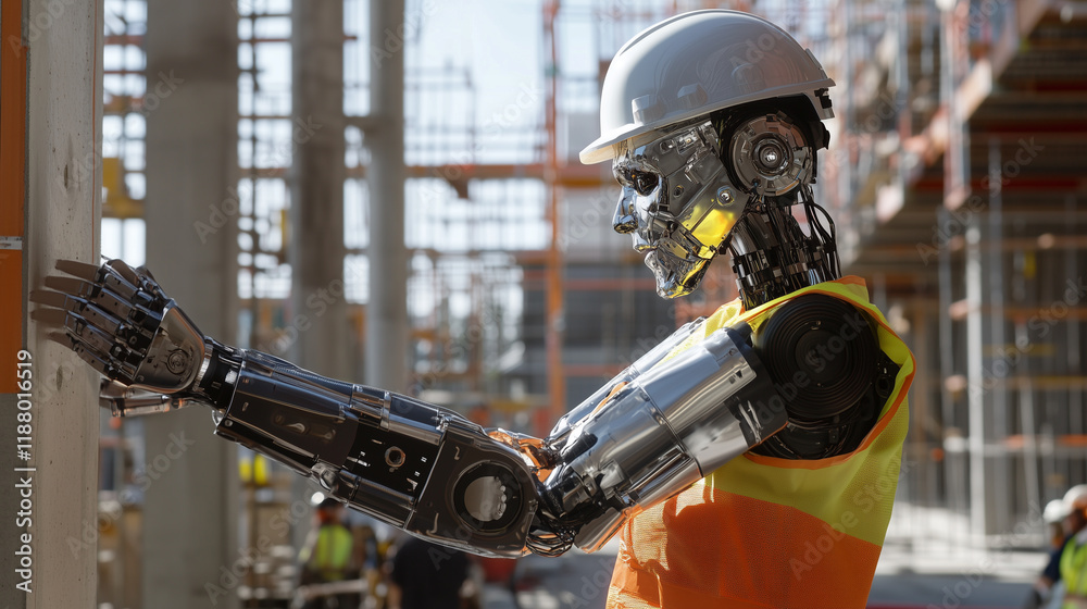 Advanced humanoid robot in a hard hat and safety vest inspecting a ...