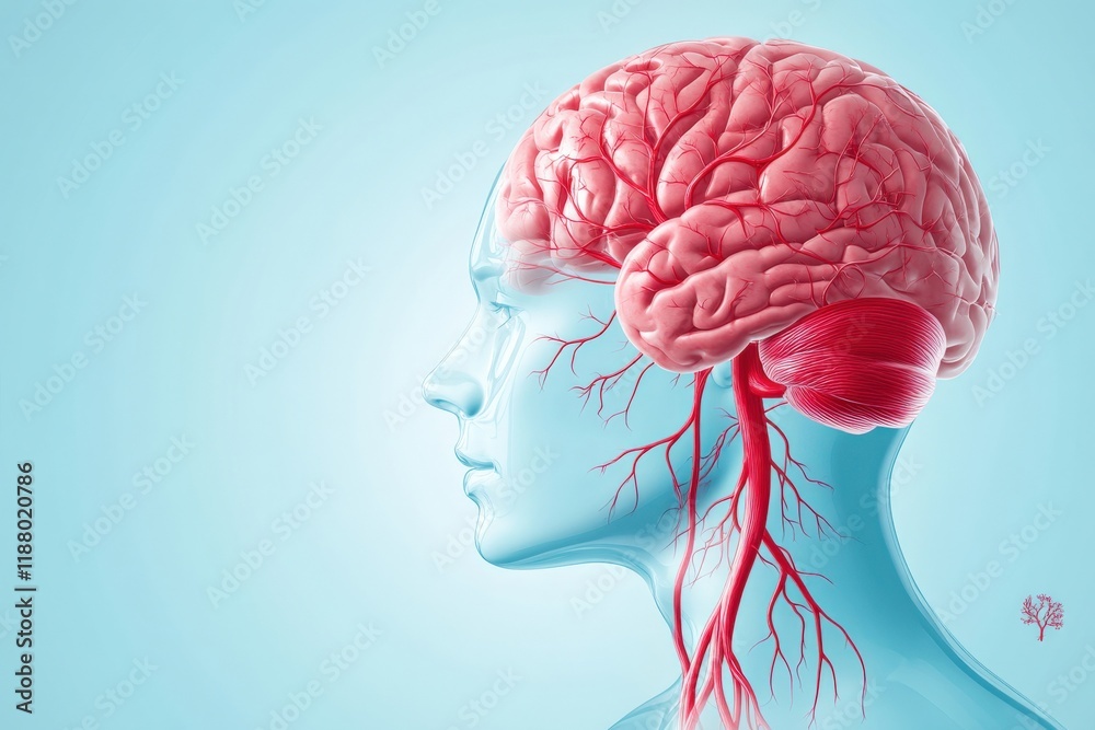 Anatomical Illustration of Human Brain and Vascular System in Profile ...