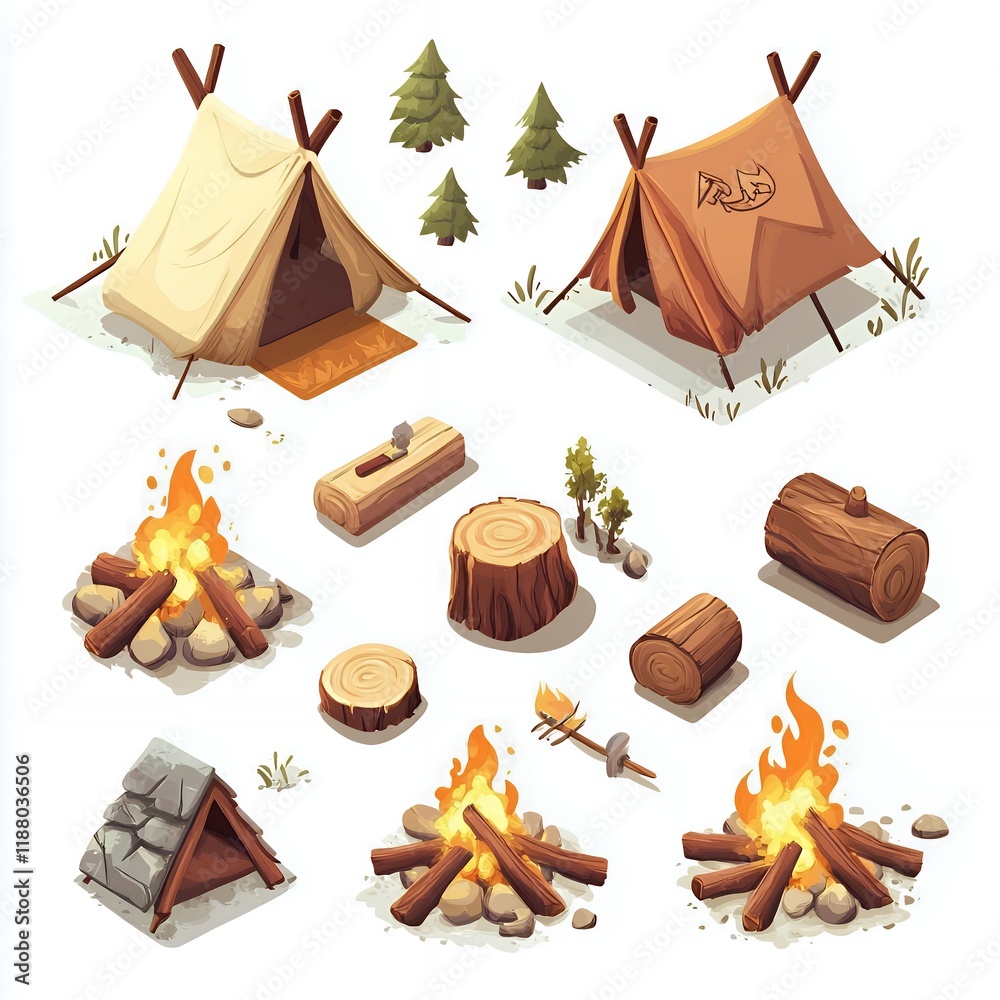 Campfire and Tent Graphics Isometric Game Assets Stock Illustration ...