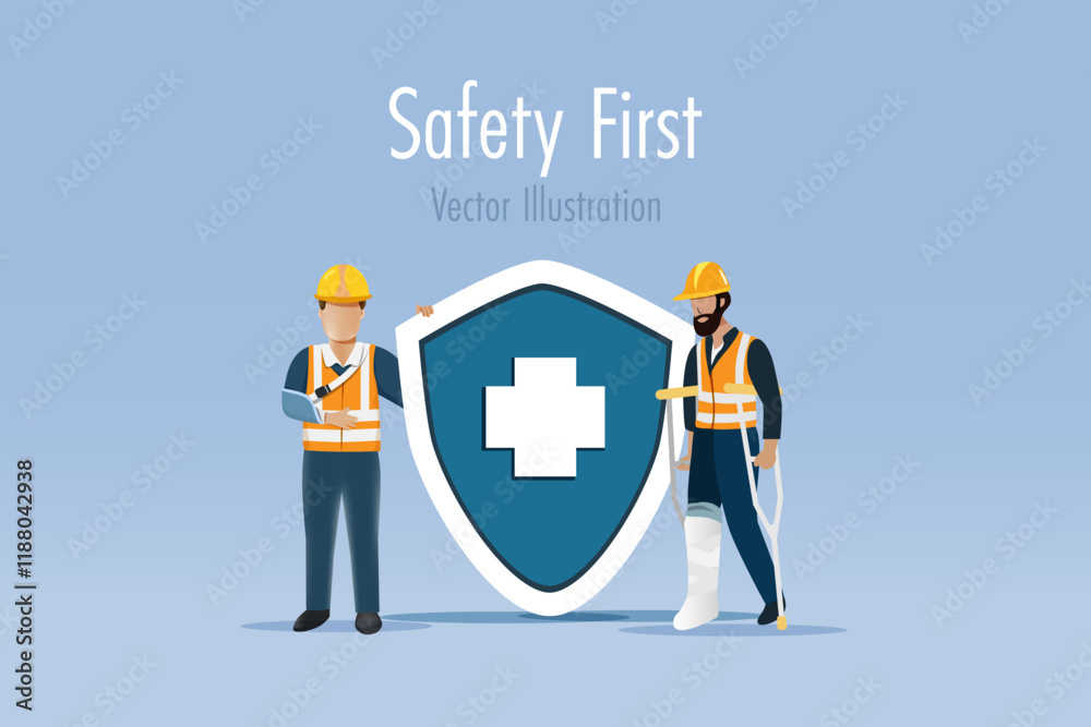 Broken arm and broken leg workers at medical symbol on safety shield ...