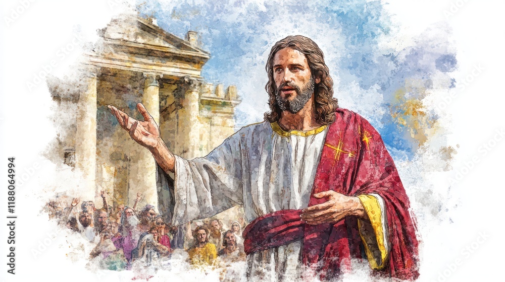 Jesus Christ addressing the masses in stunning watercolor illustration ...