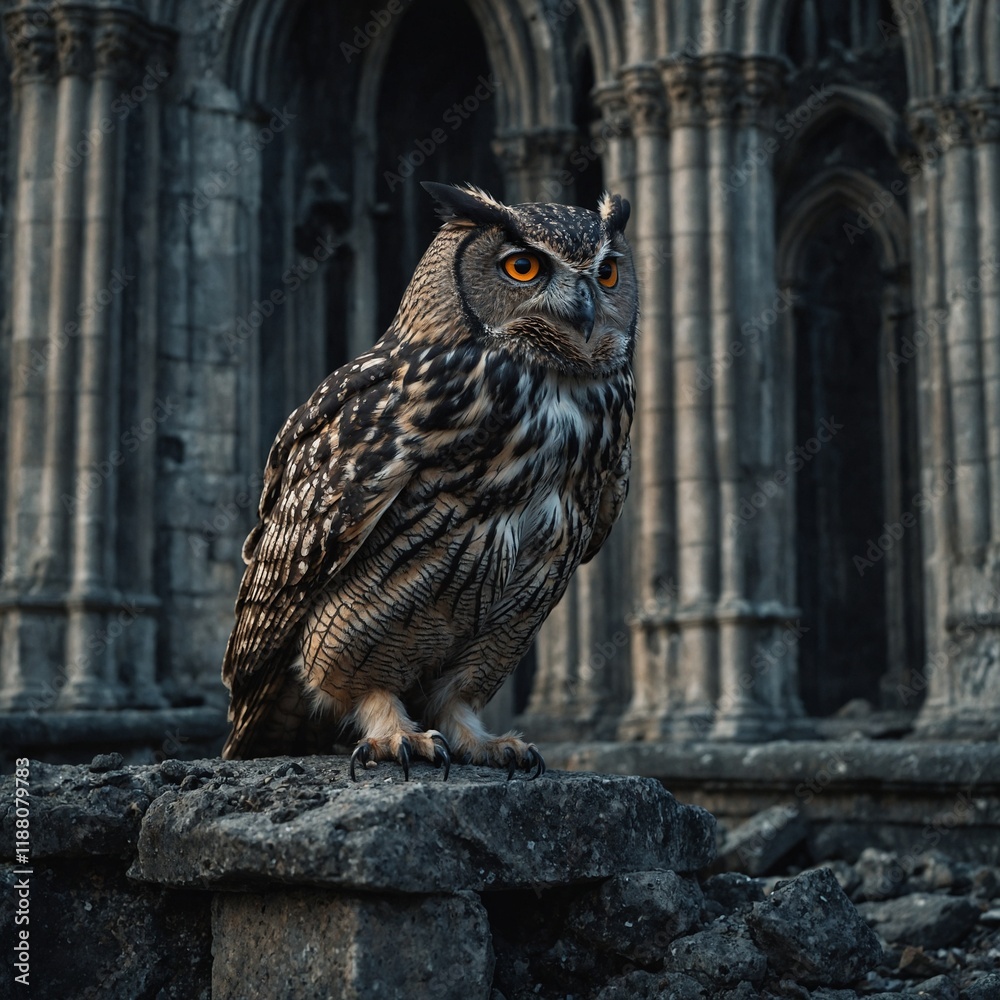 Gothic Owl in a Ruined Cathedral: A dark-feathered owl with piercing ...