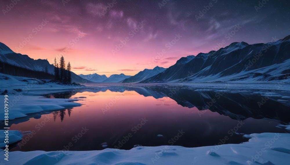 A frozen lake reflects the stunning colors of the arctic sky at night ...