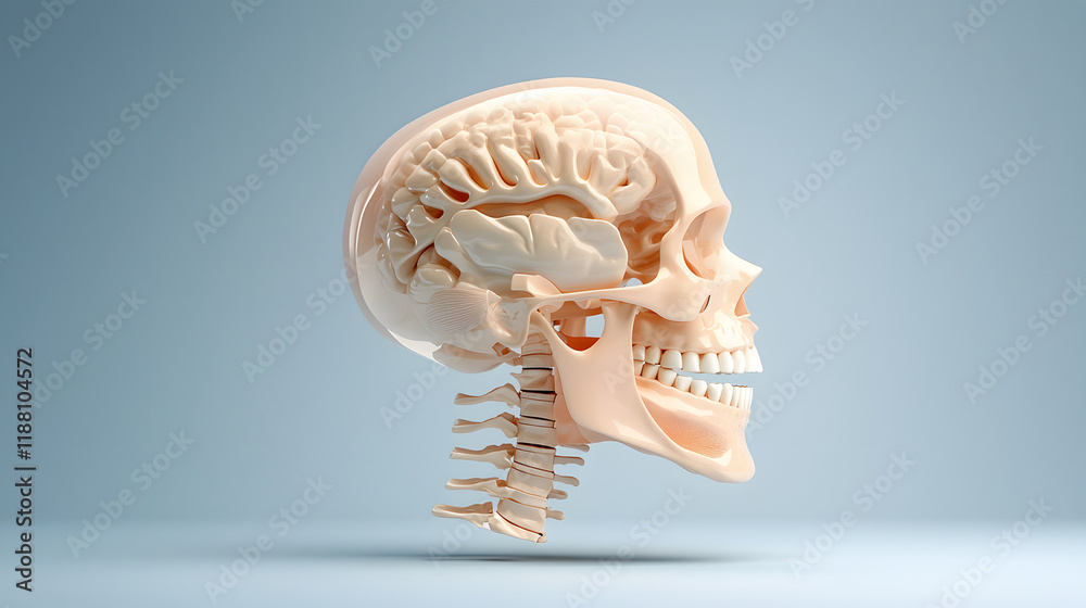 detailed 3D model of human skull showcasing brain and spinal column ...