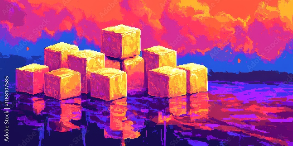 Crispy topped dry tofu cubes depicted in a pixel art style, showcasing ...