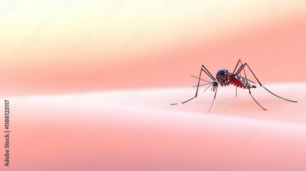 Profile view of an Aedes mosquito feeding, with a soft pink gradient ...