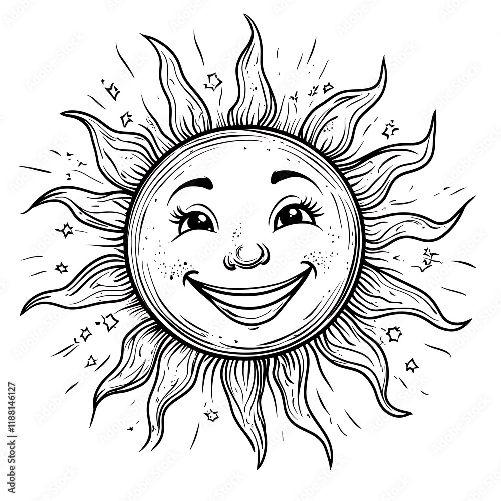 Simple Black and White Sun Drawing for Coloring Page Activities Stock ...