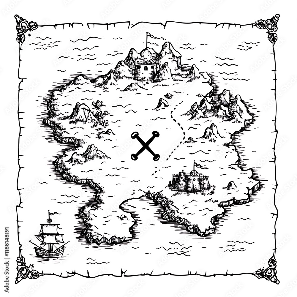 Simple Black and White Coloring Page of a Fantasy Treasure Map Stock ...