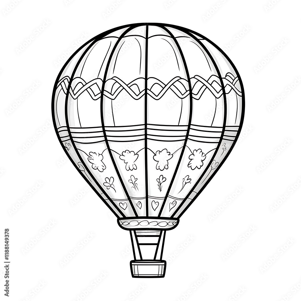 Simple Black and White Hot Air Balloon Coloring Page Drawing Stock ...