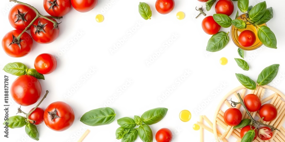 Border of Italian food ingredients frame with pizza, pasta, tomatoes ...
