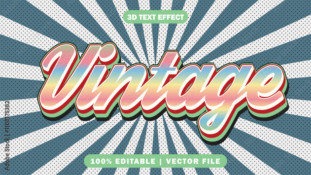 Fully Editable Vintage 3d text effect eps vector text effects with sunburst background Stock ...