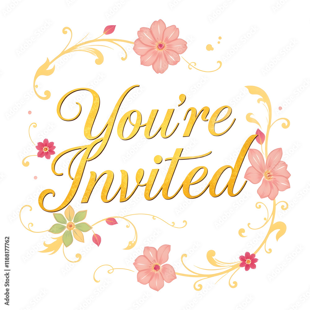 Stylized "You're Invited" in elegant gold script with swirls of ...