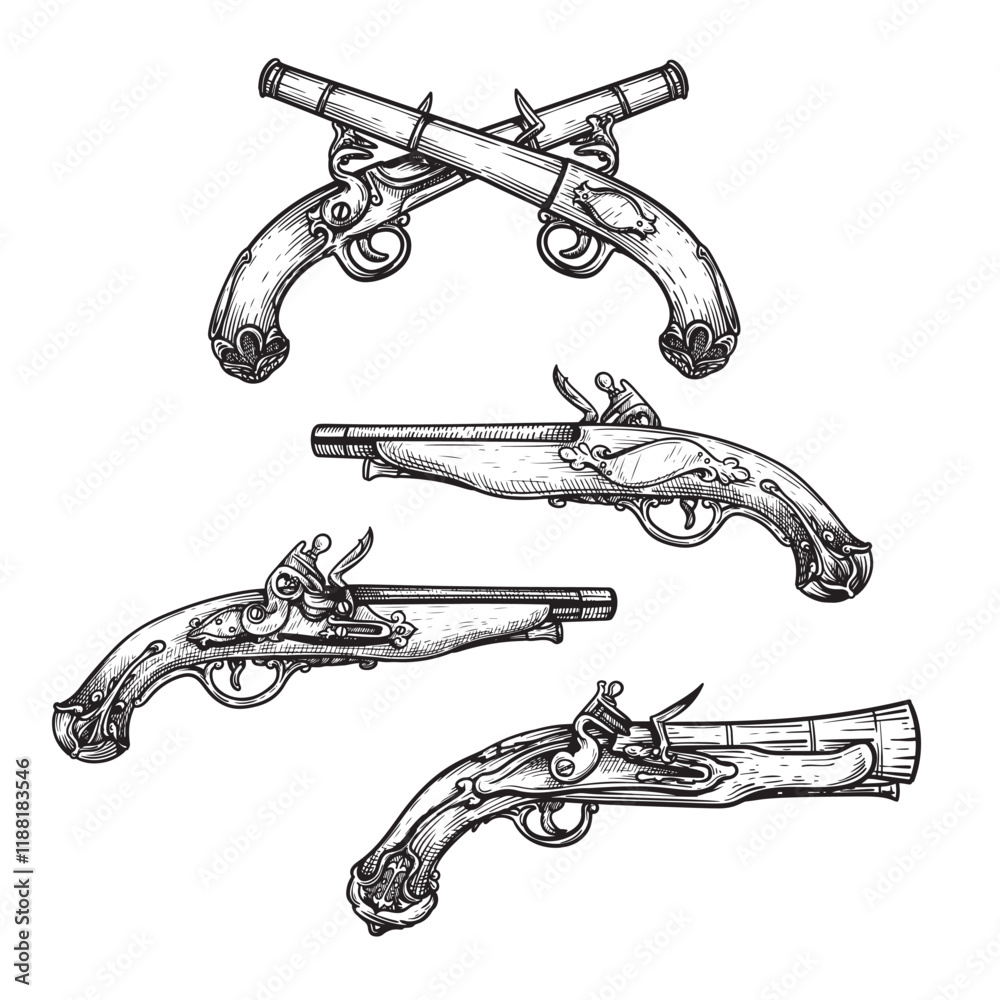 Old guns set. Vintage flintlock pistols. Hand drawn sketch style. Best ...