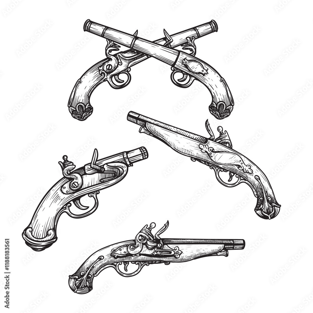 Old guns set. Vintage flintlock pistols. Hand drawn sketch style. Best ...