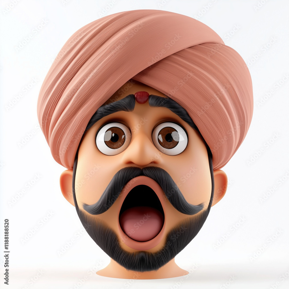 3D shocked Punjabi man face emoji with turban, raised eyebrows, and ...