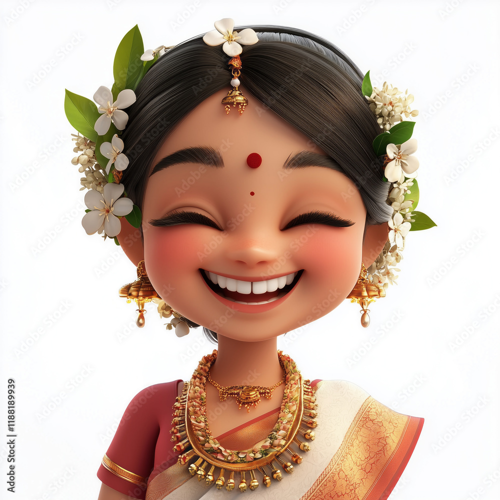 3D South Indian bride face emoji wearing a silk saree with jasmine ...