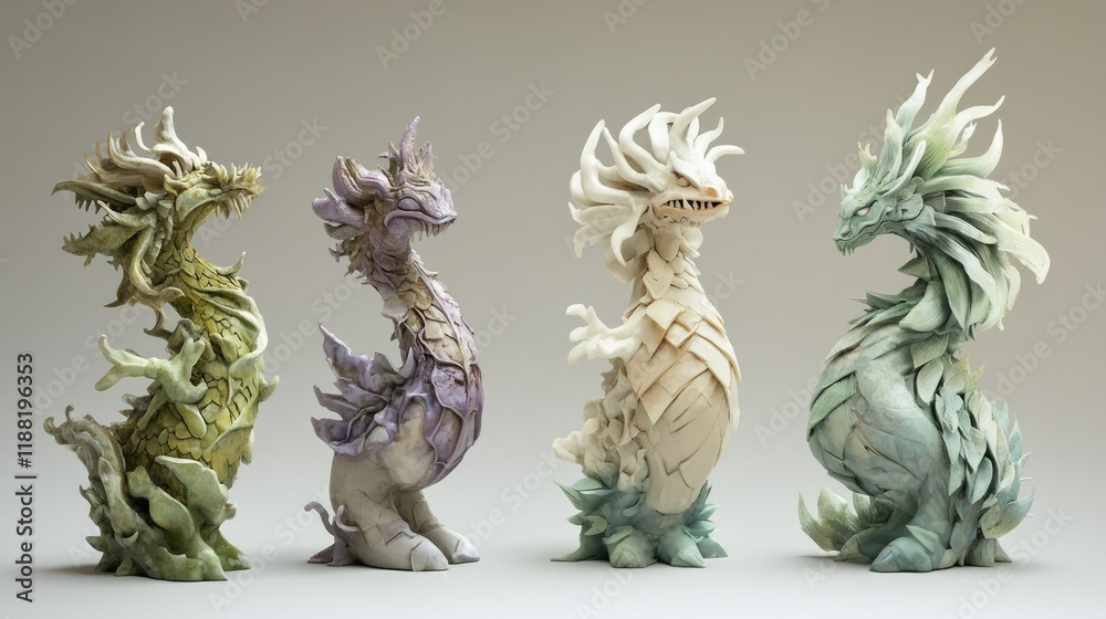 Four fantasy creatures with unique designs and textures Stock Photo ...