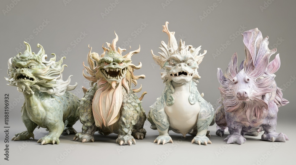 Four fantasy creatures with unique designs and textures 素材庫相片 | Adobe Stock