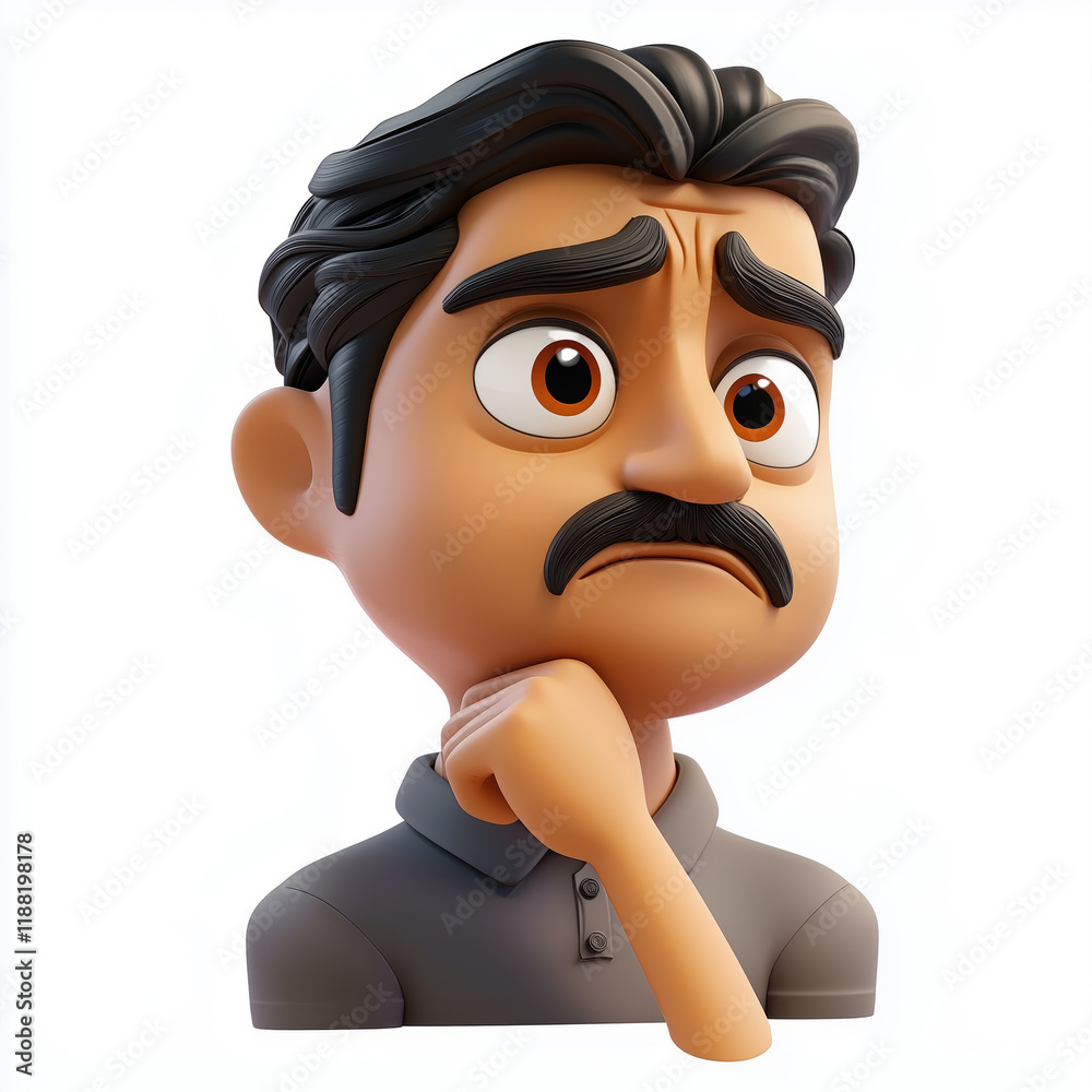 Thoughtful Indian man emoji with hand on chin, furrowed brows, 3D ...