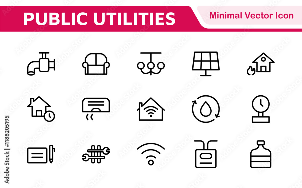 Public utilities linear signed icon collection. Signed thin line icons ...