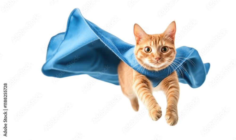 Flying orange tabby cat wearing blue cape, showcasing playful superhero ...