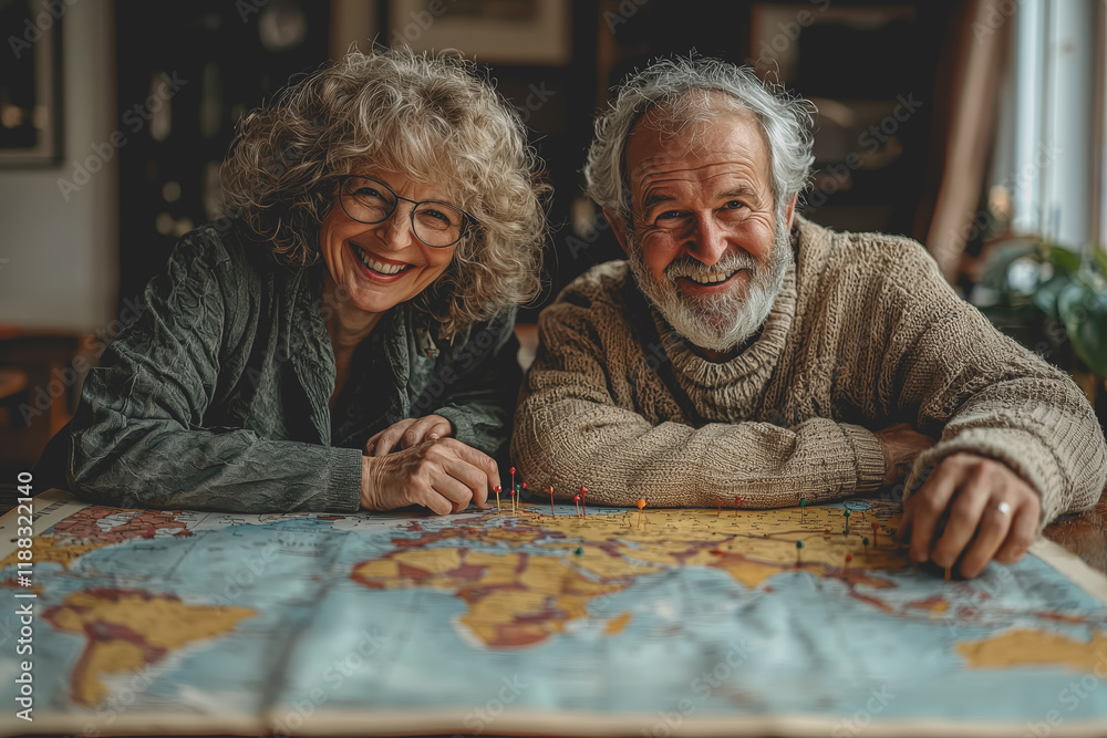 Older couple exploring travel map together planning route adventure ...