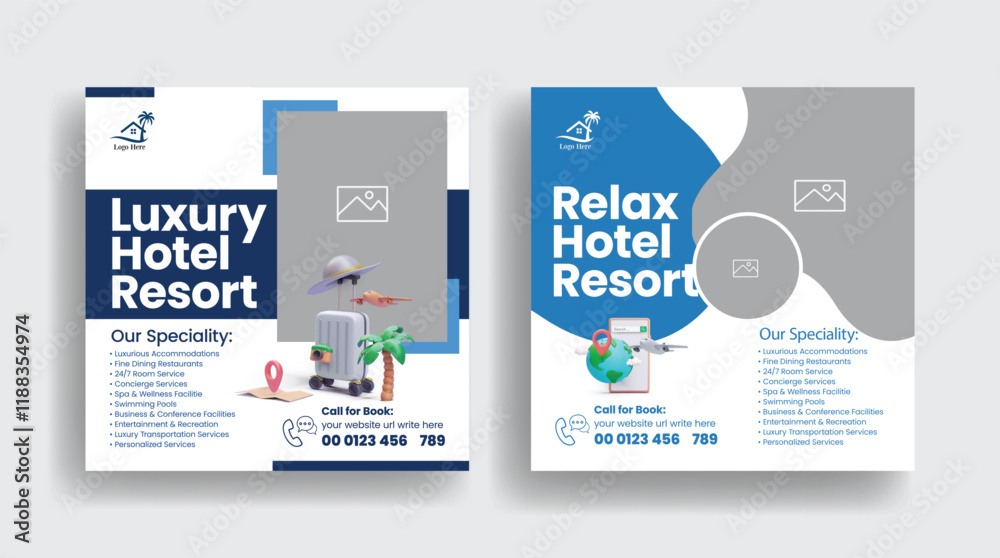 Summer Vacation Hotel, Resort, travel tourism social media post, banner ...