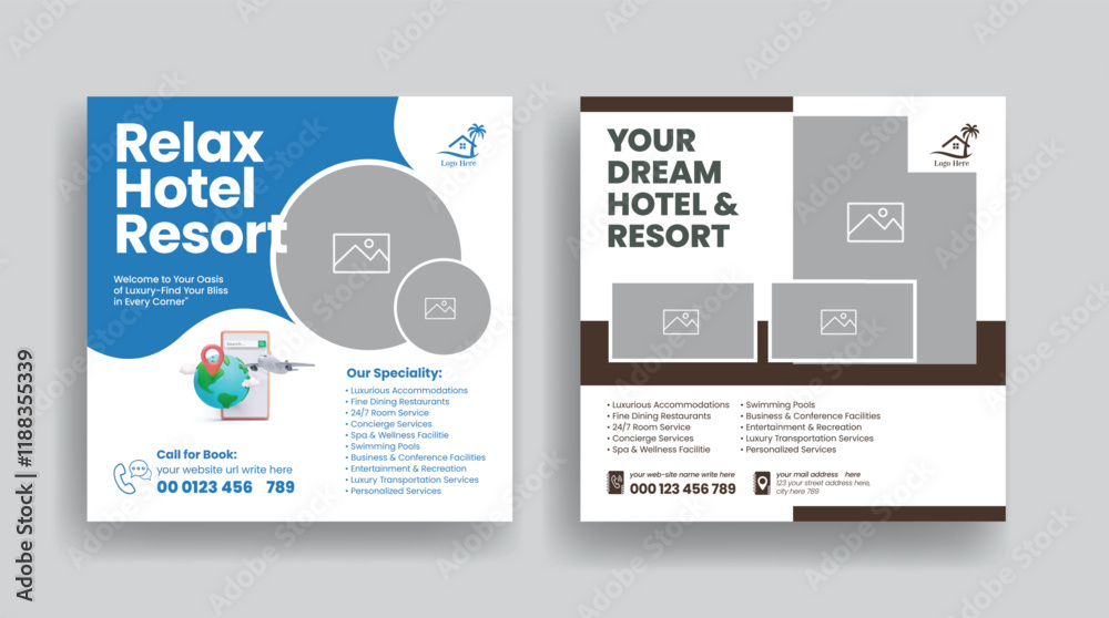Summer Vacation Hotel, Resort, travel tourism social media post, banner ...
