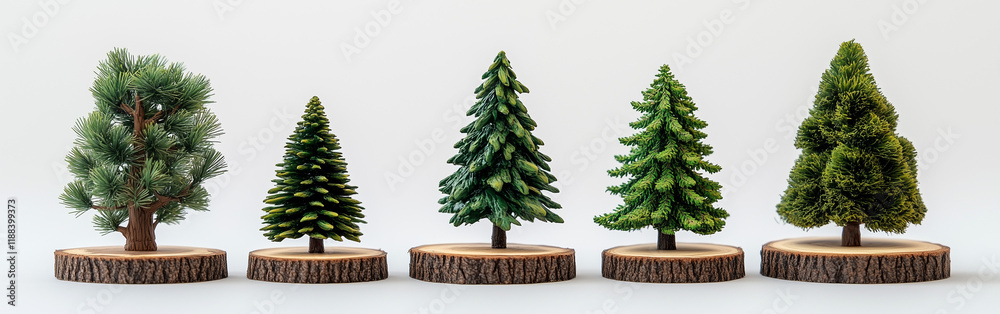 4 different forest tree sculptures with wooden bases, snow on top of ...