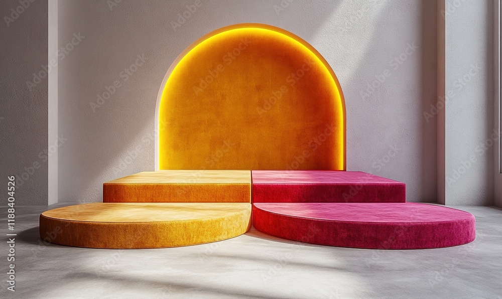 A modern, vibrant stage with circular platforms and a glowing arch ...