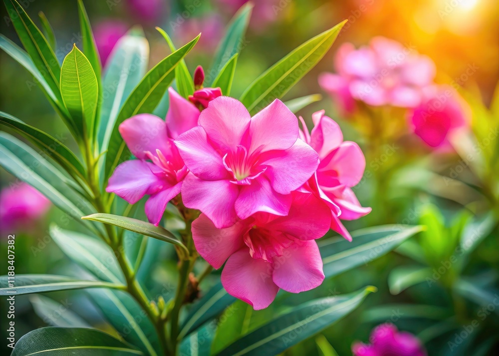 Vibrant pink oleanders bloom, showcased in stunning close-up candid ...
