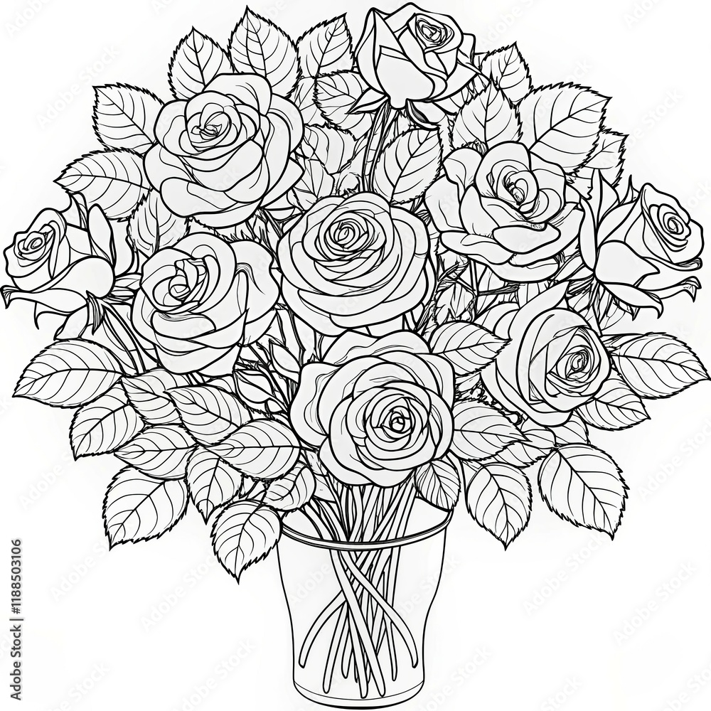 Intricate Rose Bouquet Coloring Page - Printable Details Art Stock ...