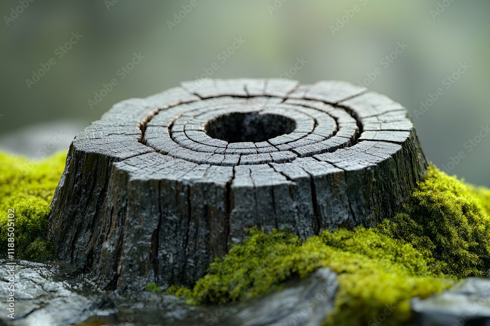 Tree stump with detailed growth rings surrounded by green moss on ...