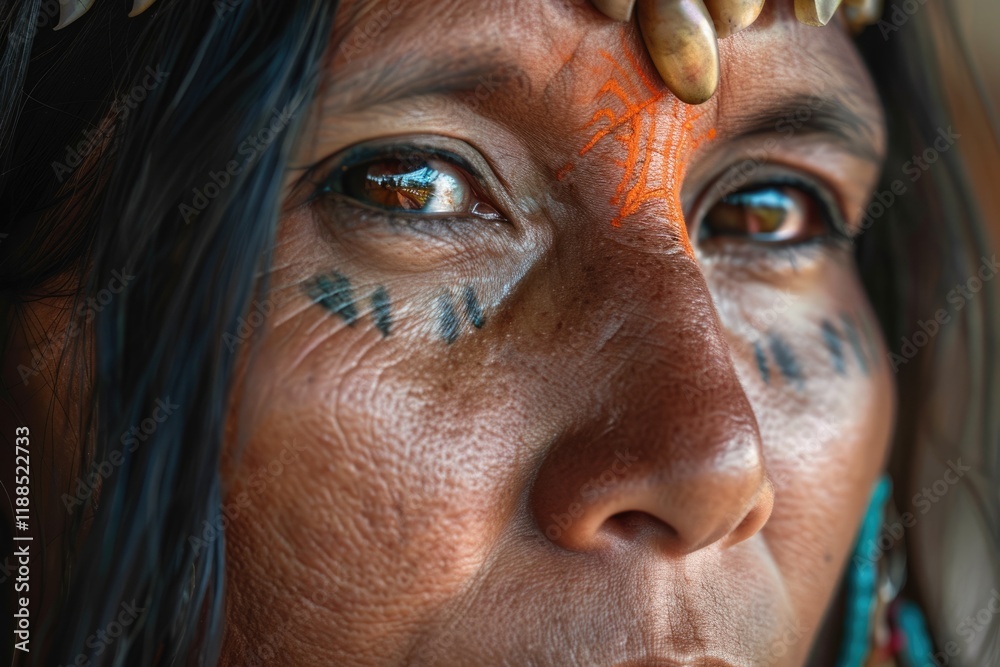 Closeup face of Native Brazilian Woman at an indigenous tribe in the ...