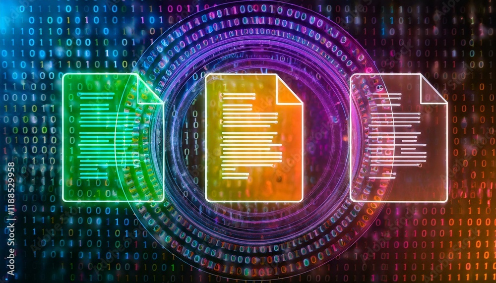 Digital Data Flow: Three files are presented in the center of a vibrant ...