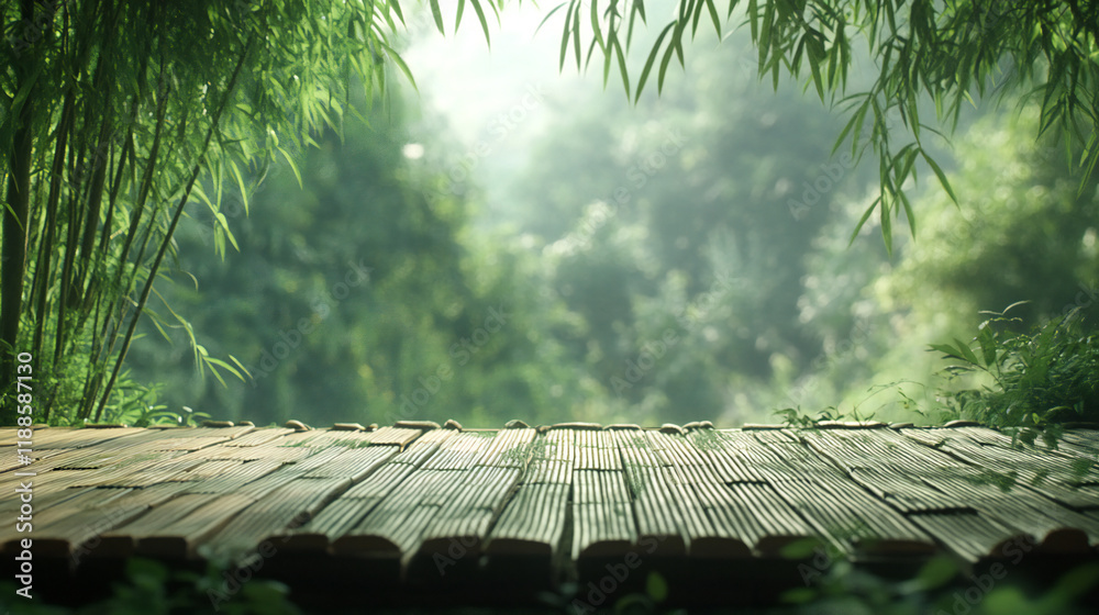 Empty wooden and blurred nature bamboo forest background.Empty old wood ...