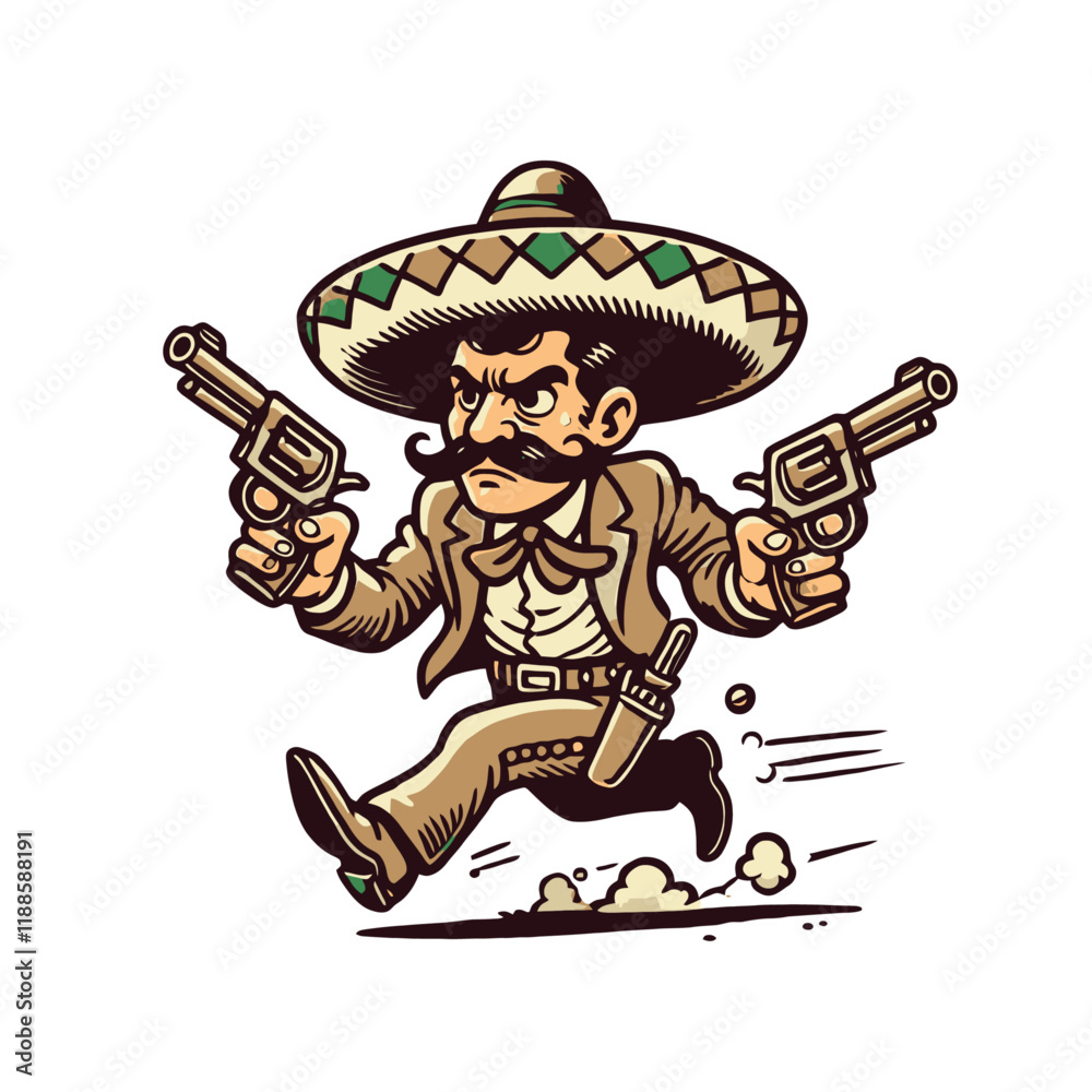 Angry man in a sombrero running with two revolvers, showcasing action ...